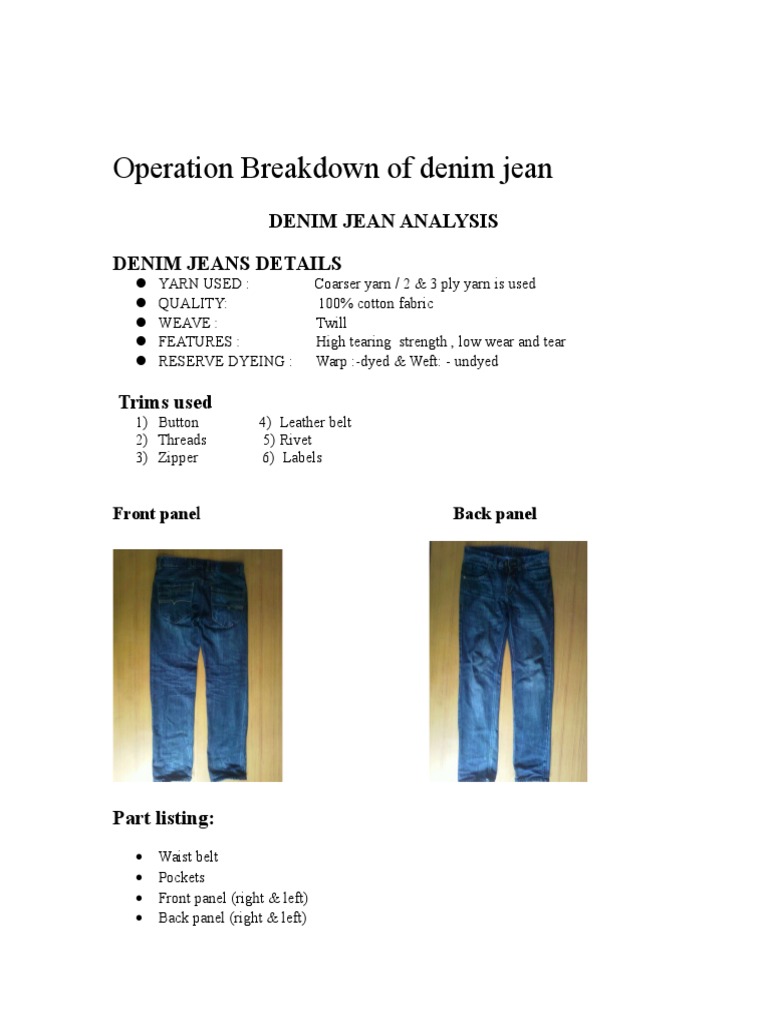 Denim Jeans Parts and Operations Breakdown | PDF | Home & Garden ...