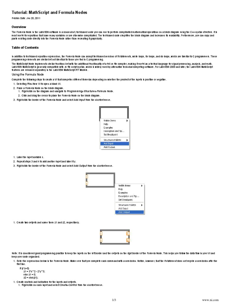 Labview Mathscript And Formula Node Pdf Computer Engineering