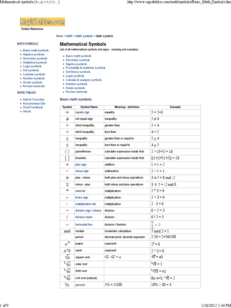 Mathematical Symbols Glossary. | PDF | Matrix (Mathematics) | Variance