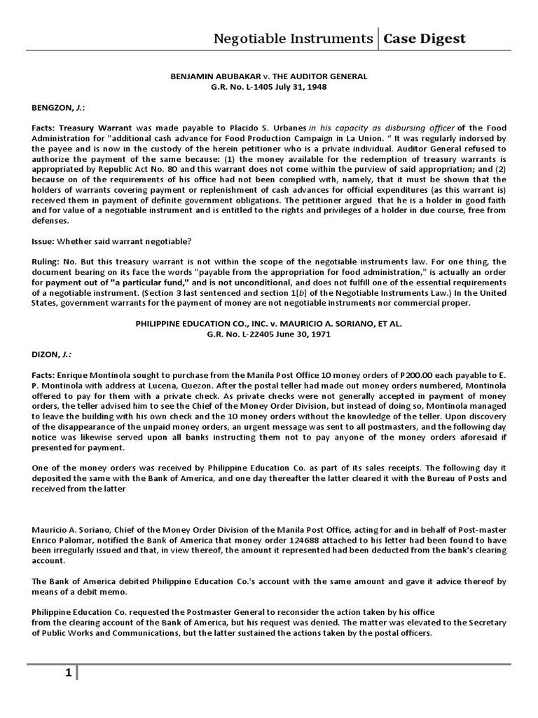Negotiable Instruments - Case Digest | PDF | Negotiable Instrument | Cheque