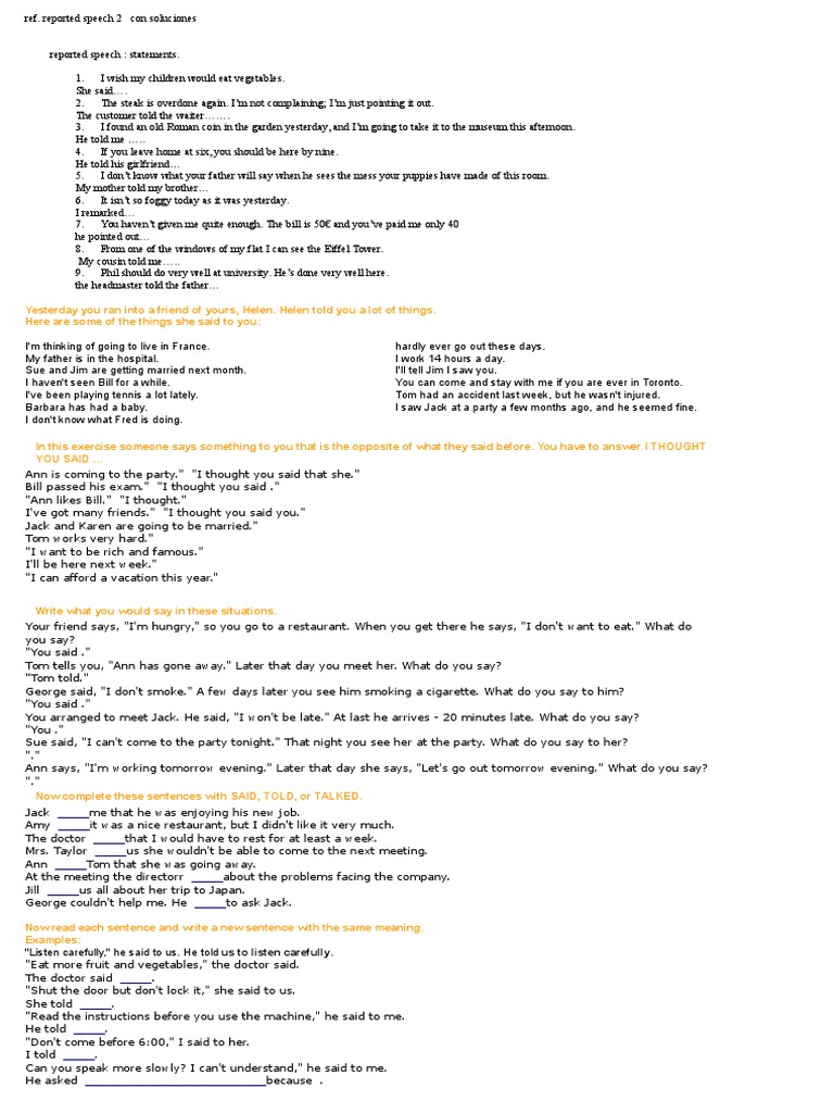 Reported Speech 2 Con Soluciones | PDF