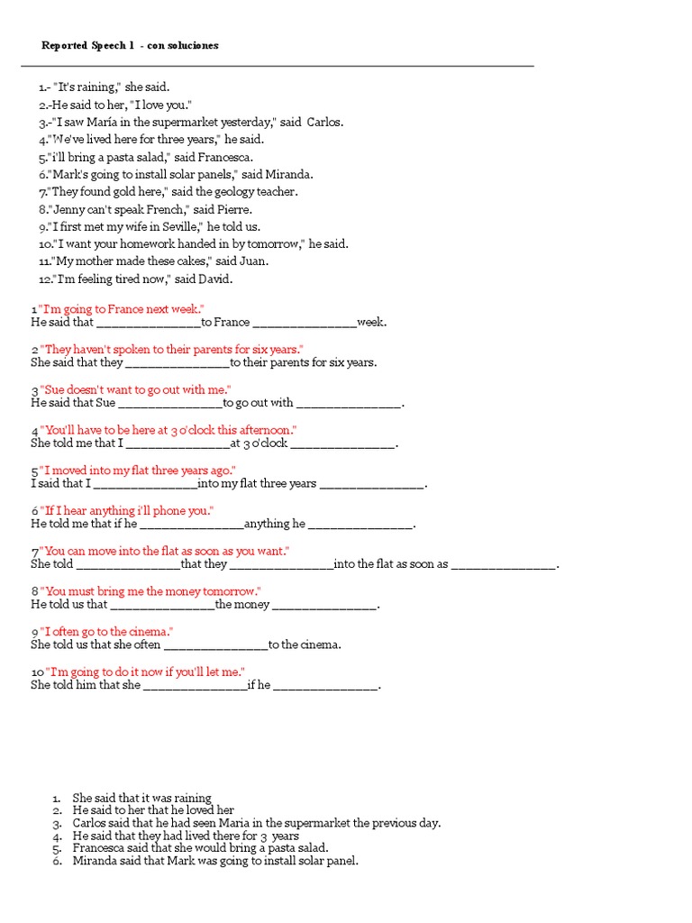 Ejercicios de Reported Speech Resueltos | PDF