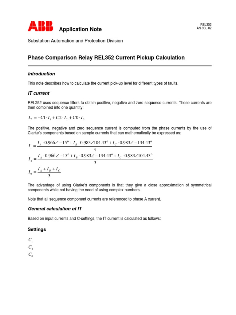 Phase Comparison Relay REL352 Current Pickup Calculation: Application ...