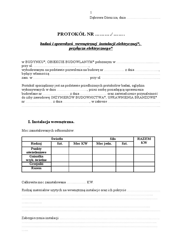 12śla DG Protokół Badań I Sprawdzeń Wewnętrznej Instalacji Elektrycznej ...