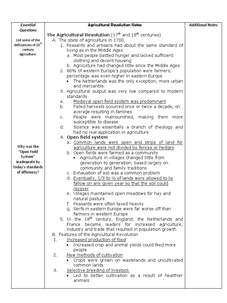 Agricultural Revolution Notes and Drills | PDF | Enclosure | Peasant