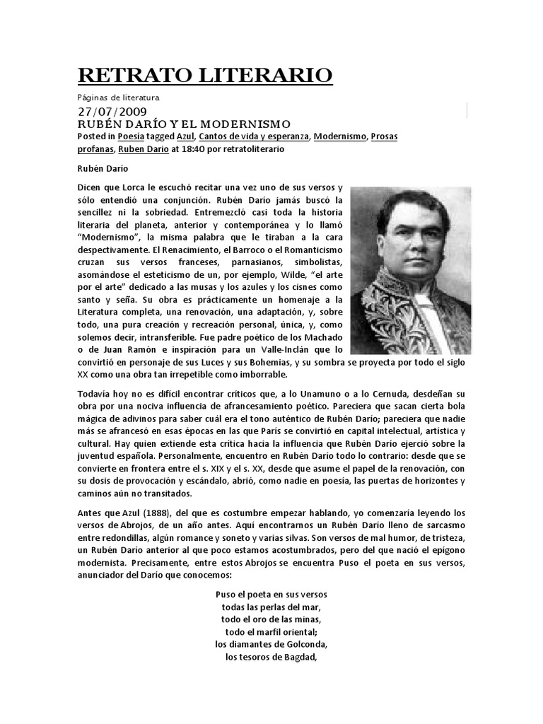 RETRATO LITERARIO El Modernismo y Ruben Dario | Poesía | Artes (General)