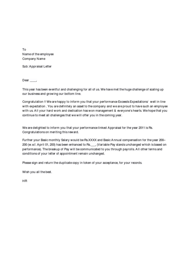 Performance appraisal letter format for employee