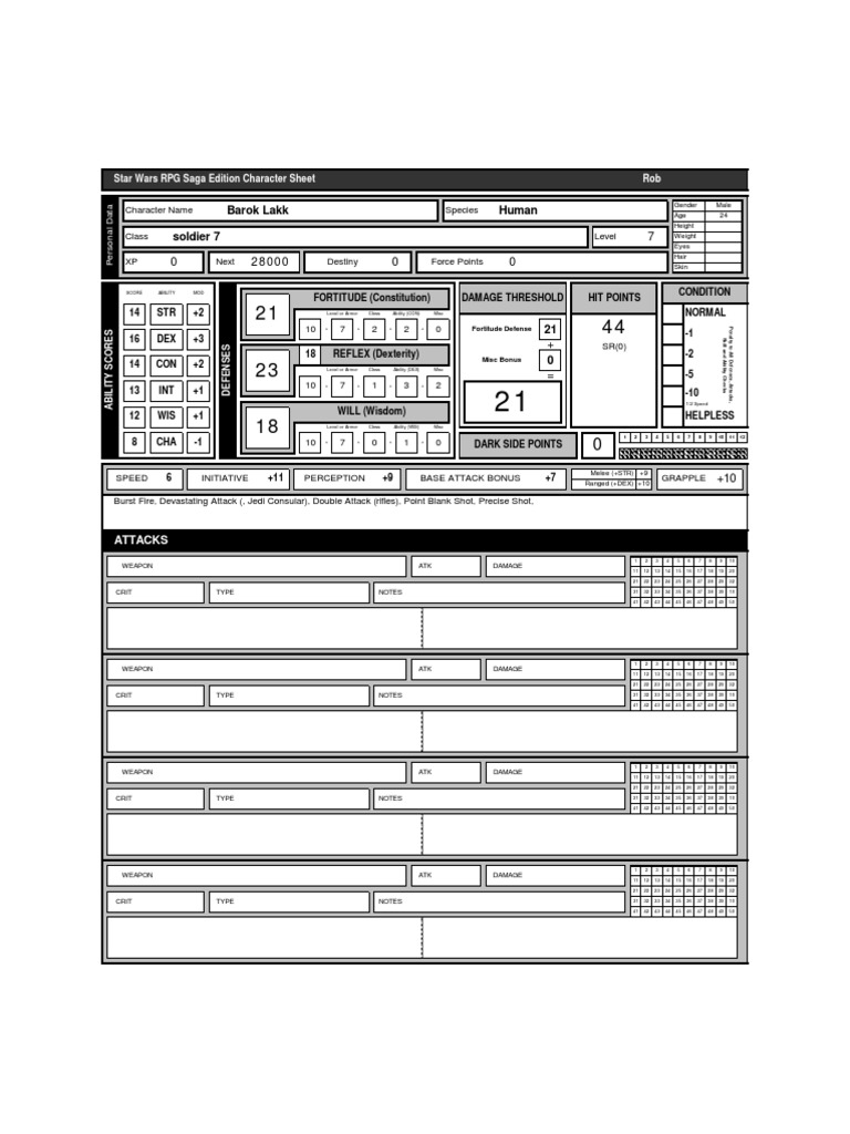 7 0 Human Barok Lakk: Star Wars RPG Saga Edition Character Sheet Rob ...