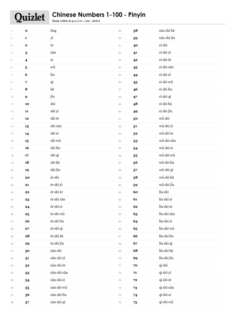 Chinese Numbers 1-100 - Pinyin | PDF | Languages Of China | Standard ...
