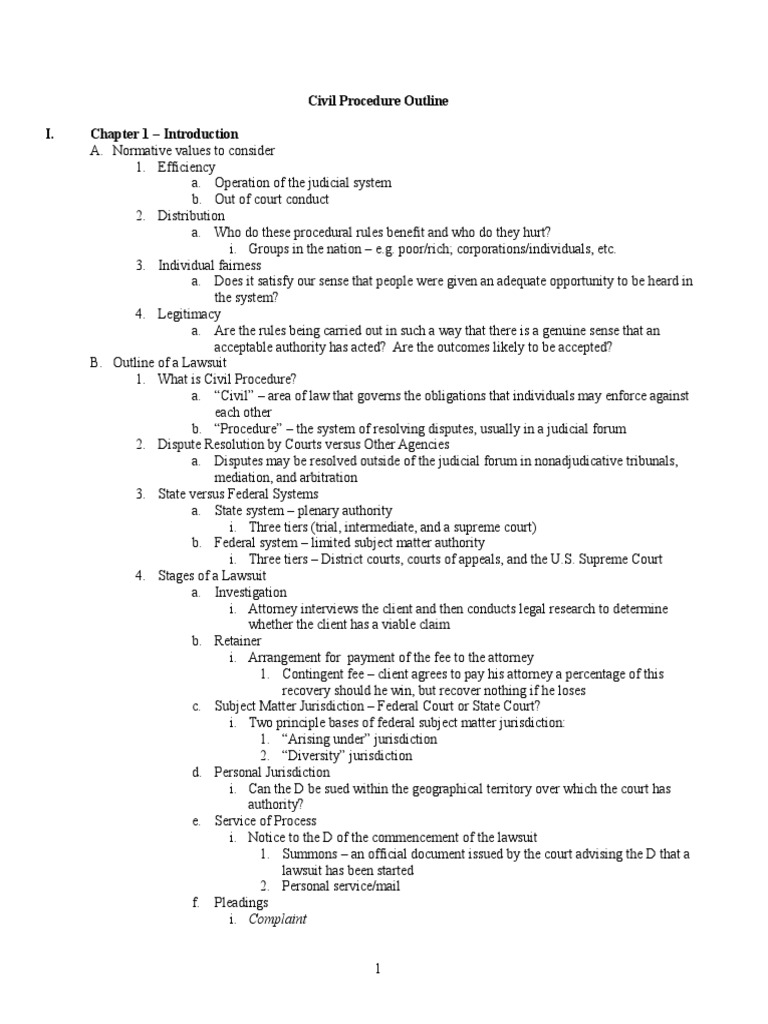 Civil Procedure Outline I. Chapter 1 - Introduction | Download Free PDF ...