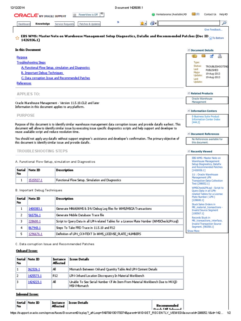 Oracle WMS Meta Link ID - 1426936 | PDF | Oracle Database | Database Transaction