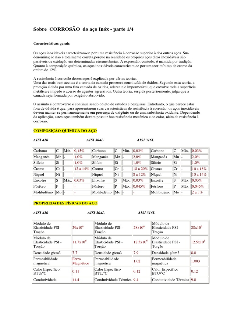 Aços Inox - Tabelas de Propriedades | PDF | Corrosão | Aço inoxidável