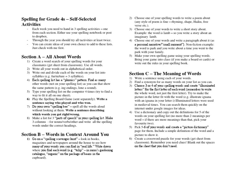 Grade 4 Spelling Activities Guide | PDF | Crossword | Word
