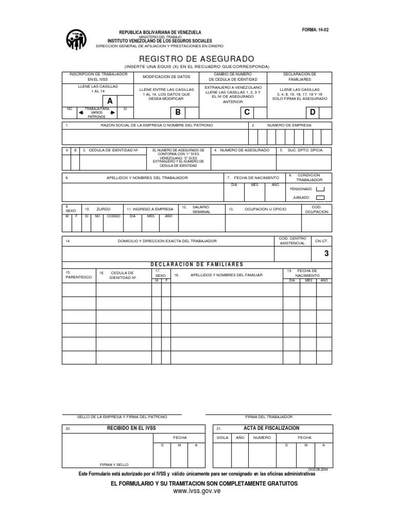 Formulario 14-02 IVSS: Registro Asegurado | PDF