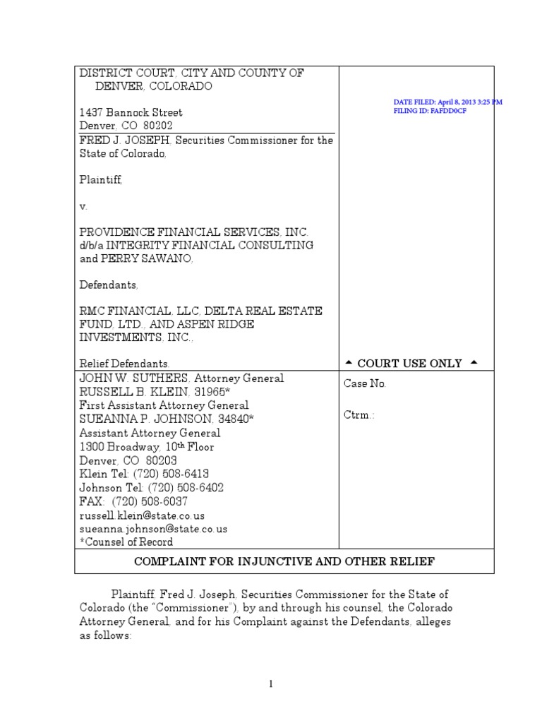 Complaint For Injunctive Relief | PDF | Financial Adviser | Investing