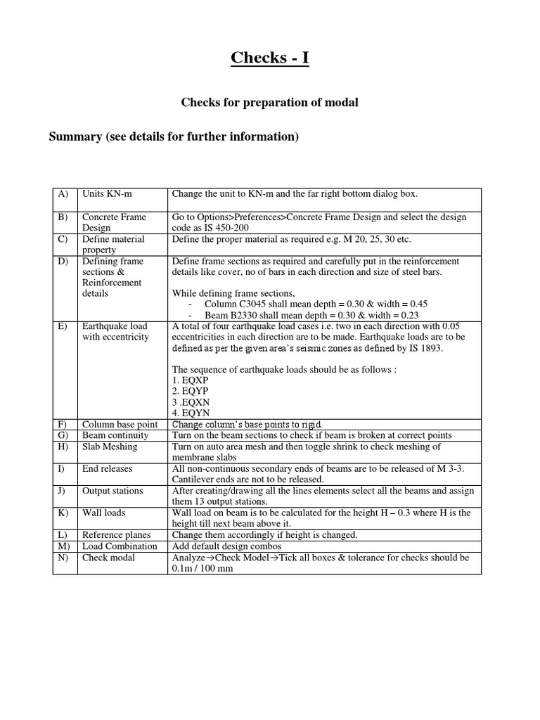 Checklist - Modelling in ETABS | PDF