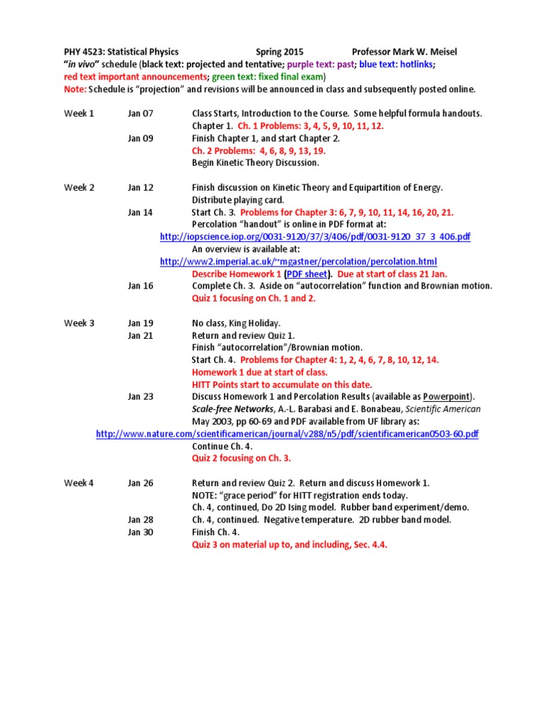 PHY4523 Schedule Spring2015 | PDF | Materials Science | Theoretical Physics