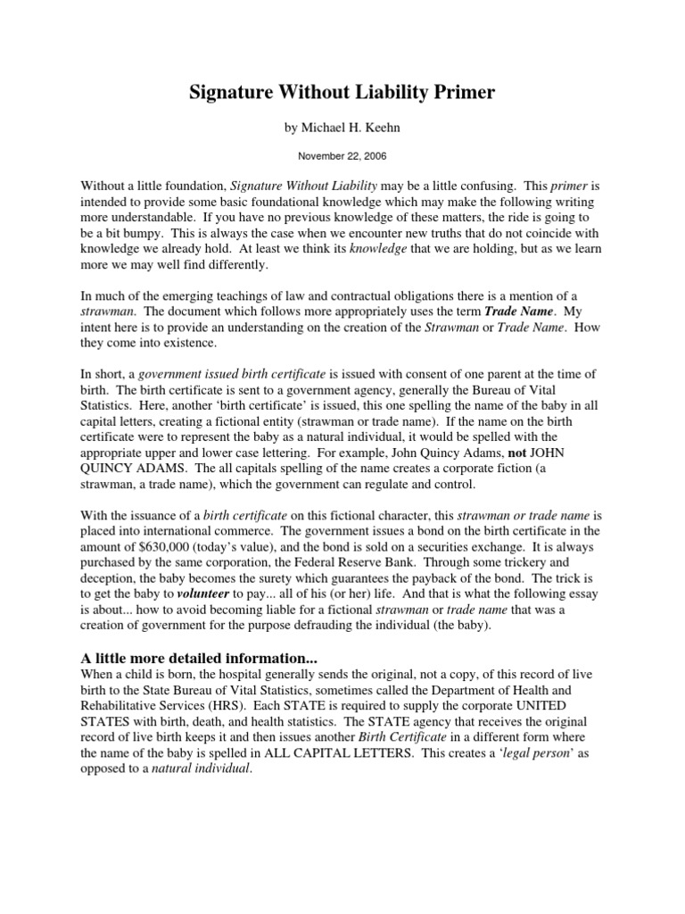 Signature Without Liability | PDF | Birth Certificate | Federal Reserve