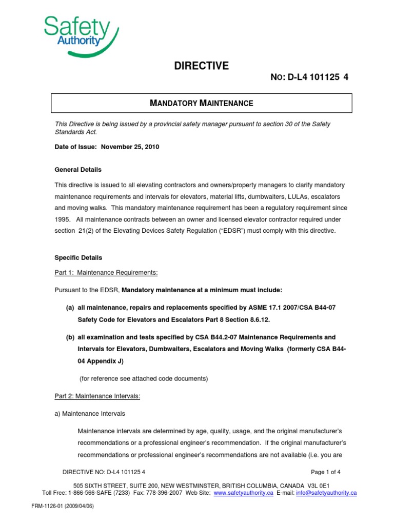 Mandatory Maintenance Directive D-L4 101125 4 | PDF | Elevator | Safety