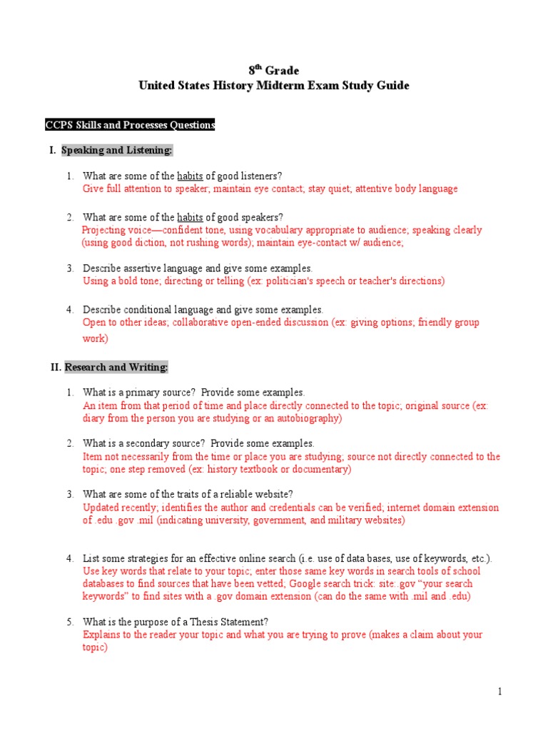 8 Grade United States History Midterm Exam Study Guide: CCPS Skills and ...