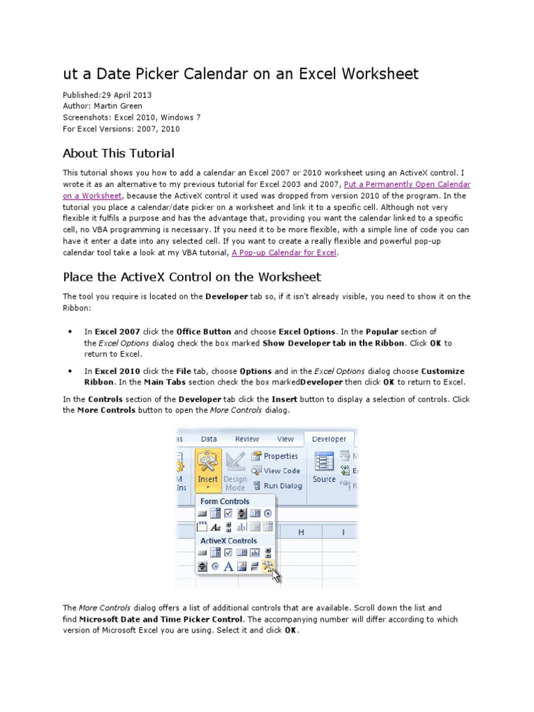 Put A Date Picker Calendar On An Excel Worksheet | Download Free PDF ...