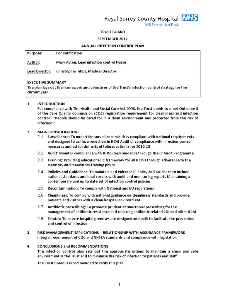 Infection Control Plan 2012-13 Overview | PDF | Infection Control ...