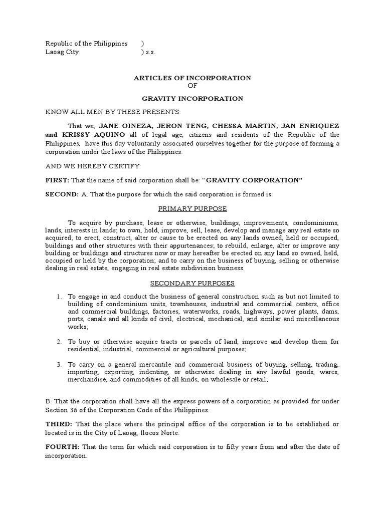 Articles of Incorporation | PDF | Corporations | Affidavit