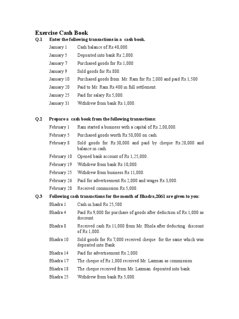 Exercise Cash Book | PDF | Cheque | Overdraft