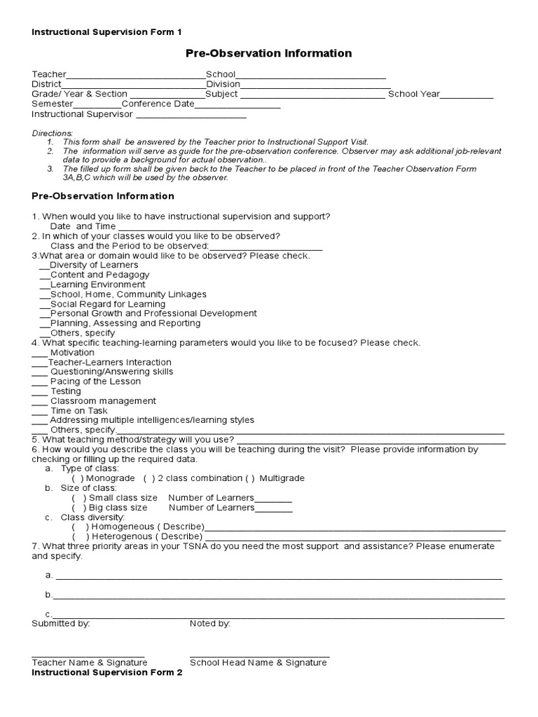 Instructional Supervision Form 1 & 2 | PDF | Teaching Method | Teachers