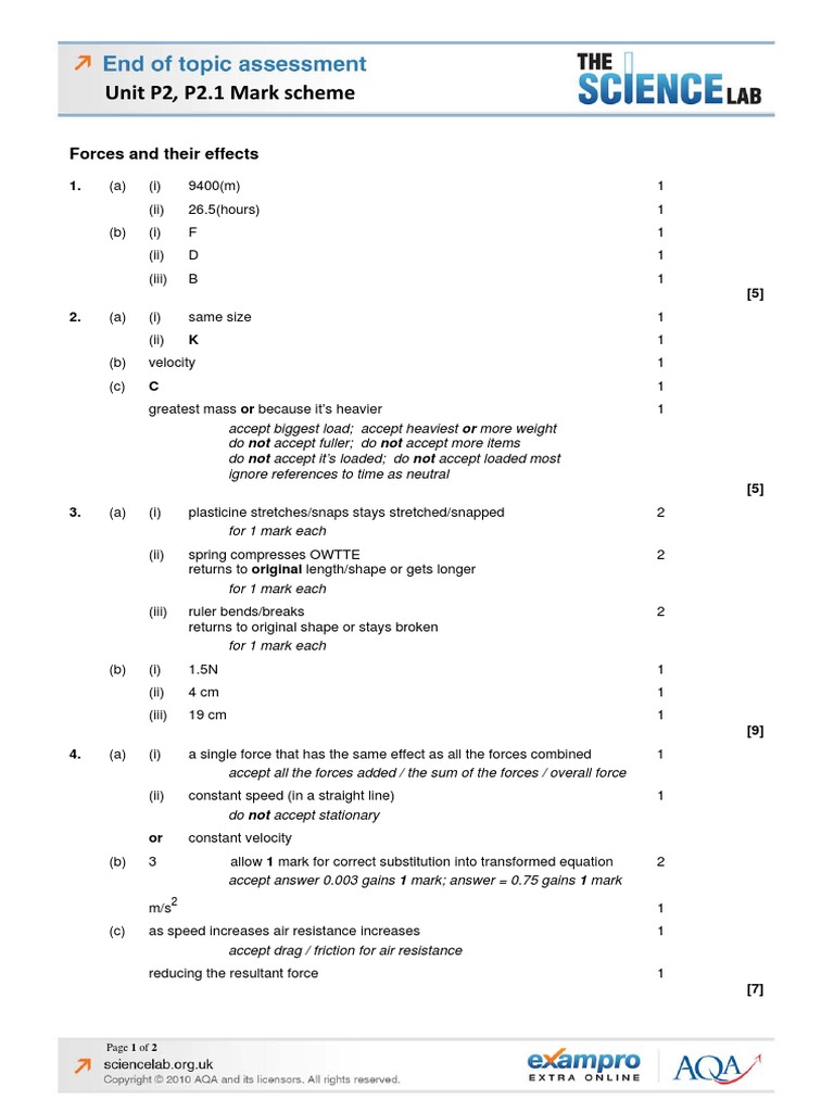 P2.1 Forces and Their Effects Mark Scheme | PDF | Speed | Drag (Physics)