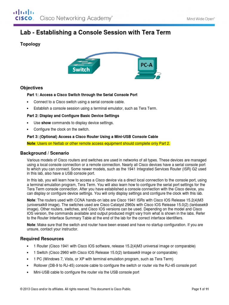 Lab - Establishing A Console Session With Tera Term: Topology | PDF ...