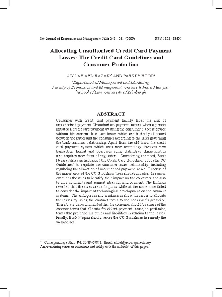 Allocating Unauthorised Credit Card Payment Losses: The Credit Card ...