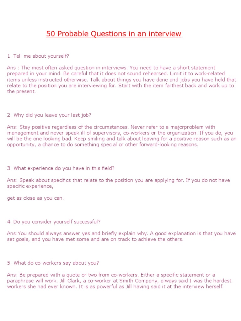 50 Questions in Interview | PDF | Question | Leadership