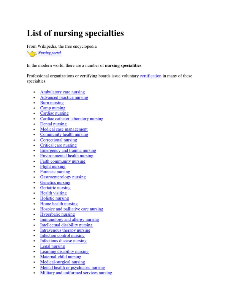 List of Nursing Specialties | PDF