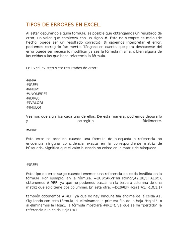 Tipos de Errores en Excel. | PDF | Fórmula | Microsoft Excel