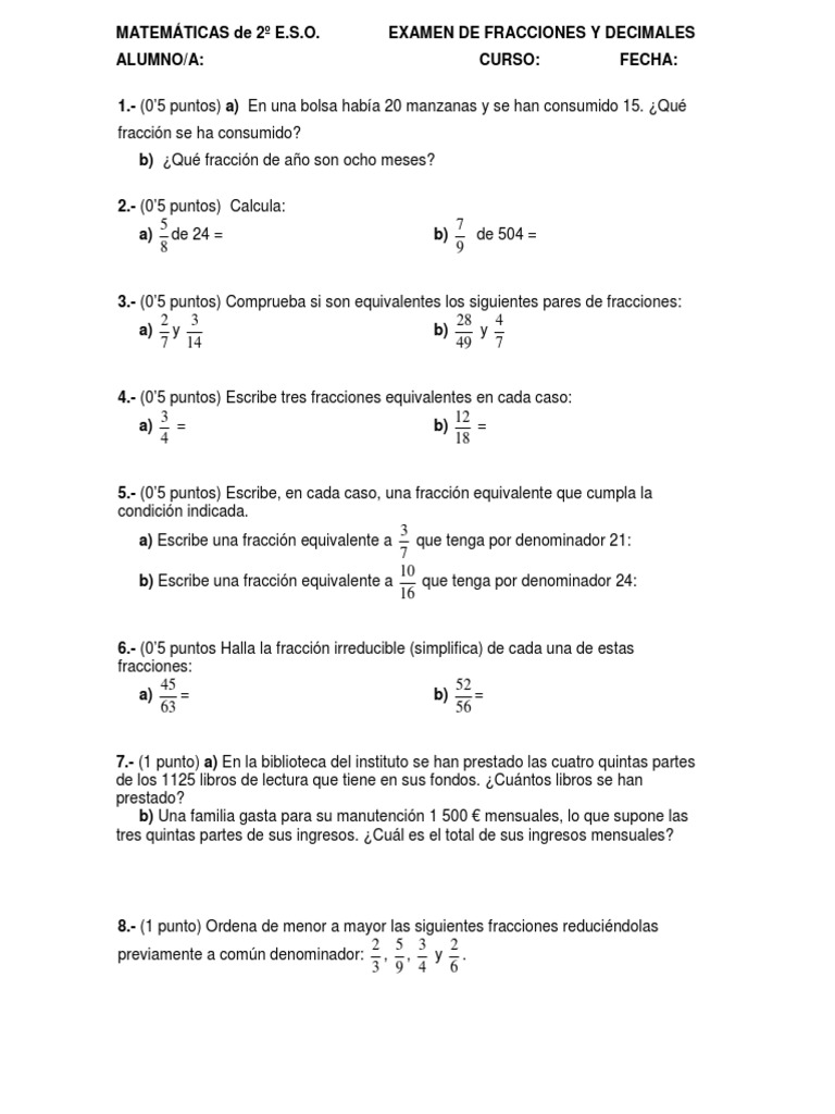 Examen Fracciones y Decimales | PDF