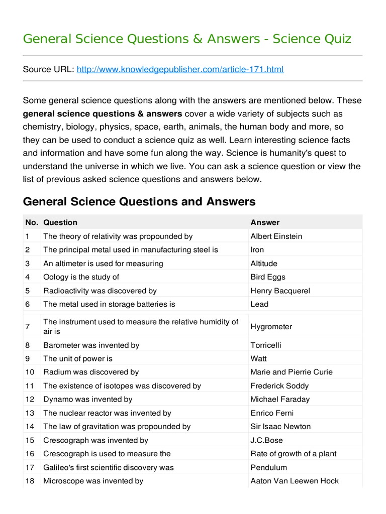 General Science Questions & Answers - Science Quiz | PDF | Sodium ...