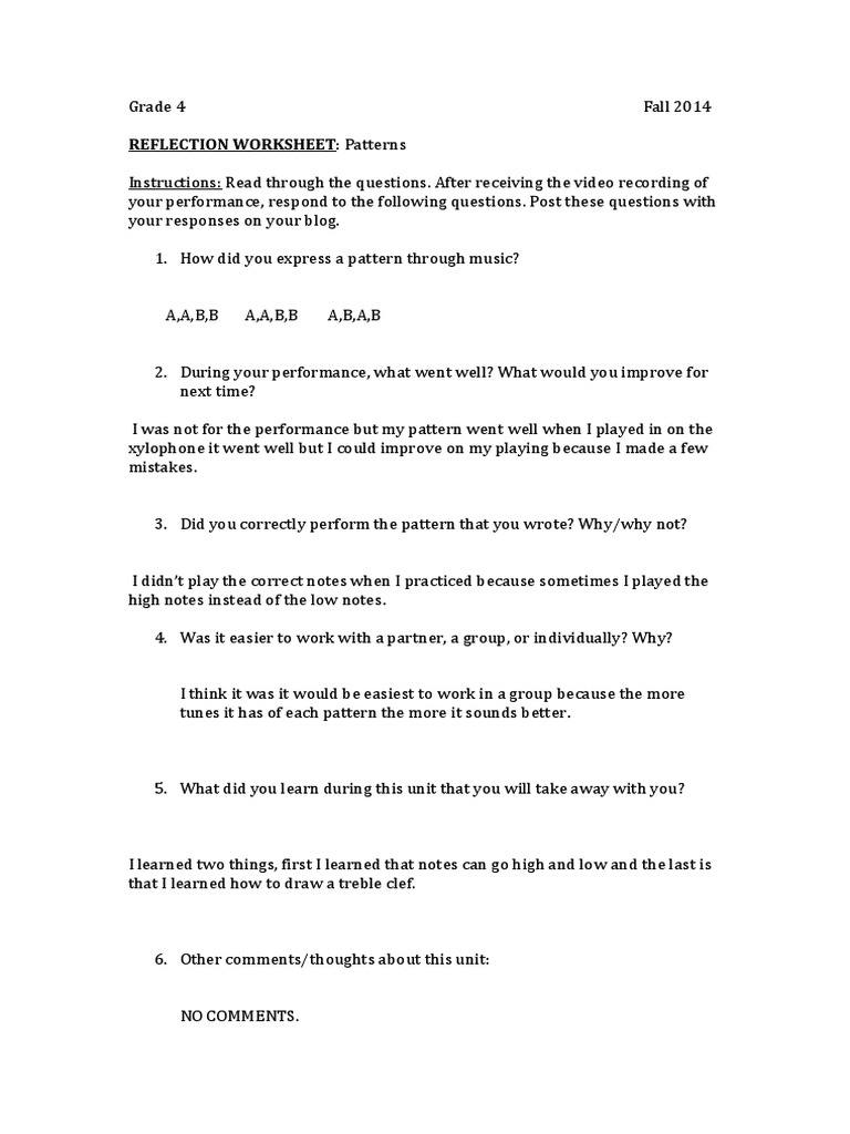Grade 4 Music Reflection Worksheet | PDF | Career & Growth | Language ...