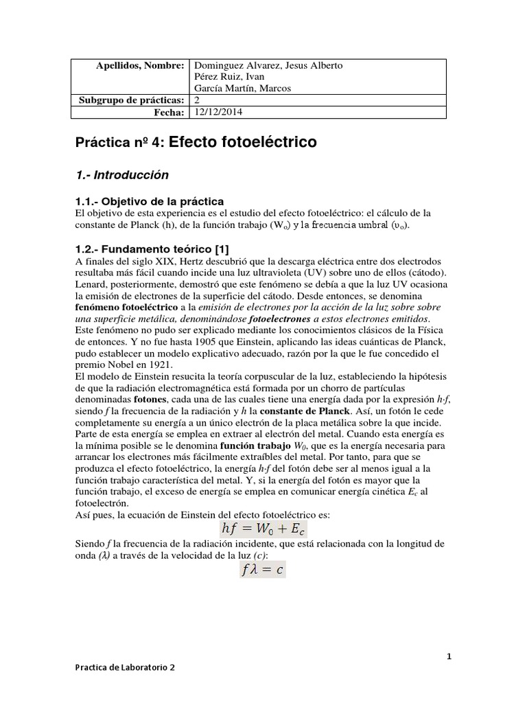 Practica 2 - Efecto Fotoelectrico | PDF | Efecto fotoeléctrico | Química Física