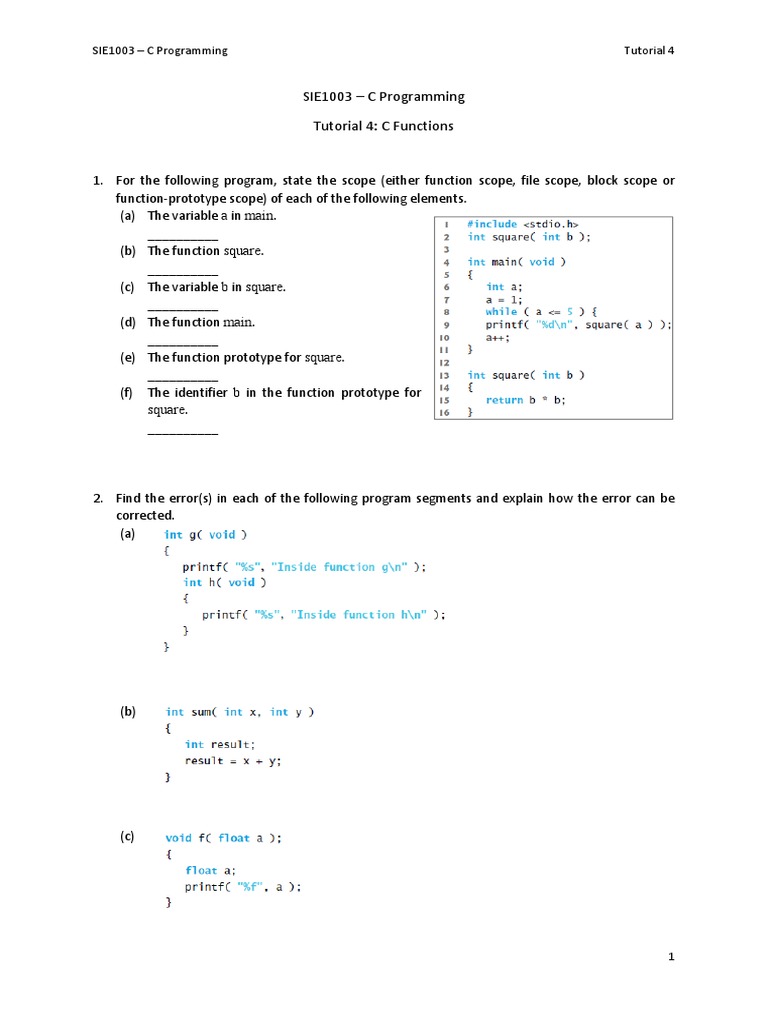 Tutorial 4 - C Functions | PDF | Exponentiation | Function (Mathematics) Tutorial 4 - C Functions | PDF | Exponentiation | Function (Mathematics)