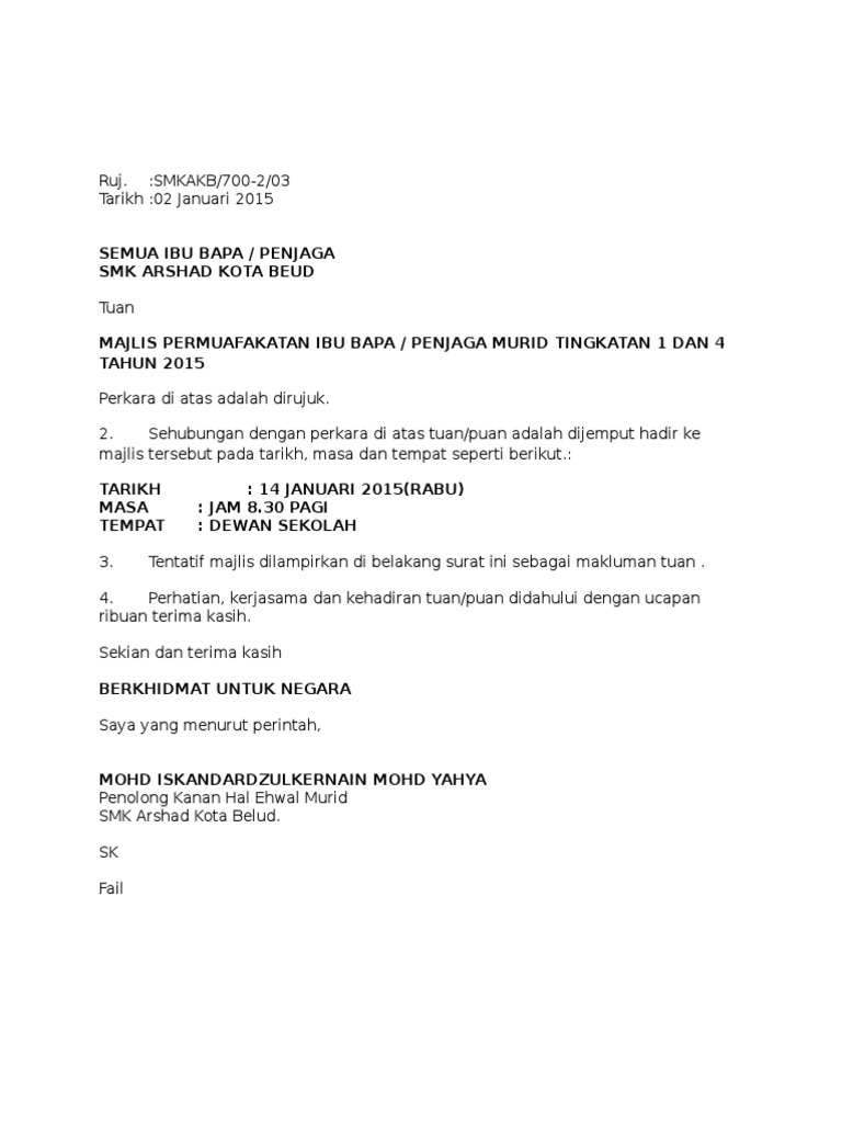 Surat Jemputan Majlis Permuafakatan Ibu Bapa 2015 | PDF Surat Jemputan Majlis Permuafakatan Ibu Bapa 2015 | PDF