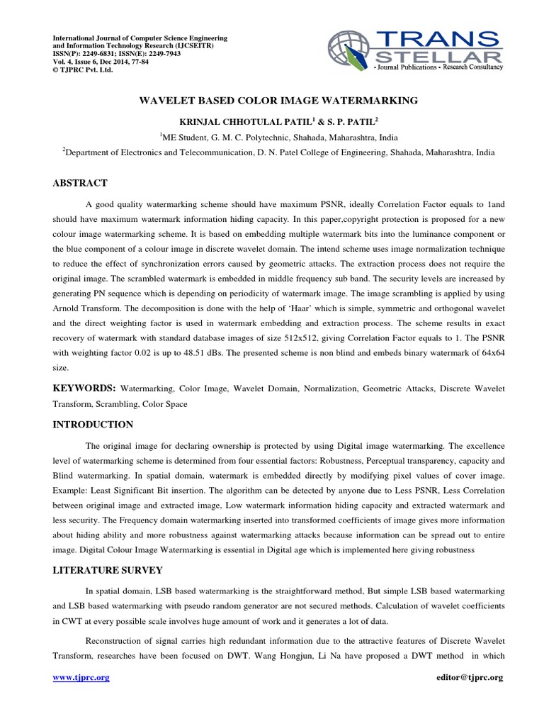 Wavelet Based Color Image Watermarking | PDF | Wavelet | Telecommunications Engineering