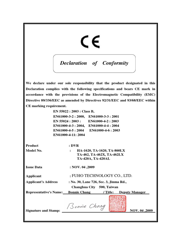 CE Declaration of Conformity-DVR | PDF