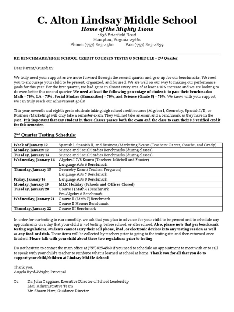 Parent Letter Benchmark Testing 2QBM 1415 | PDF | Secondary School ...