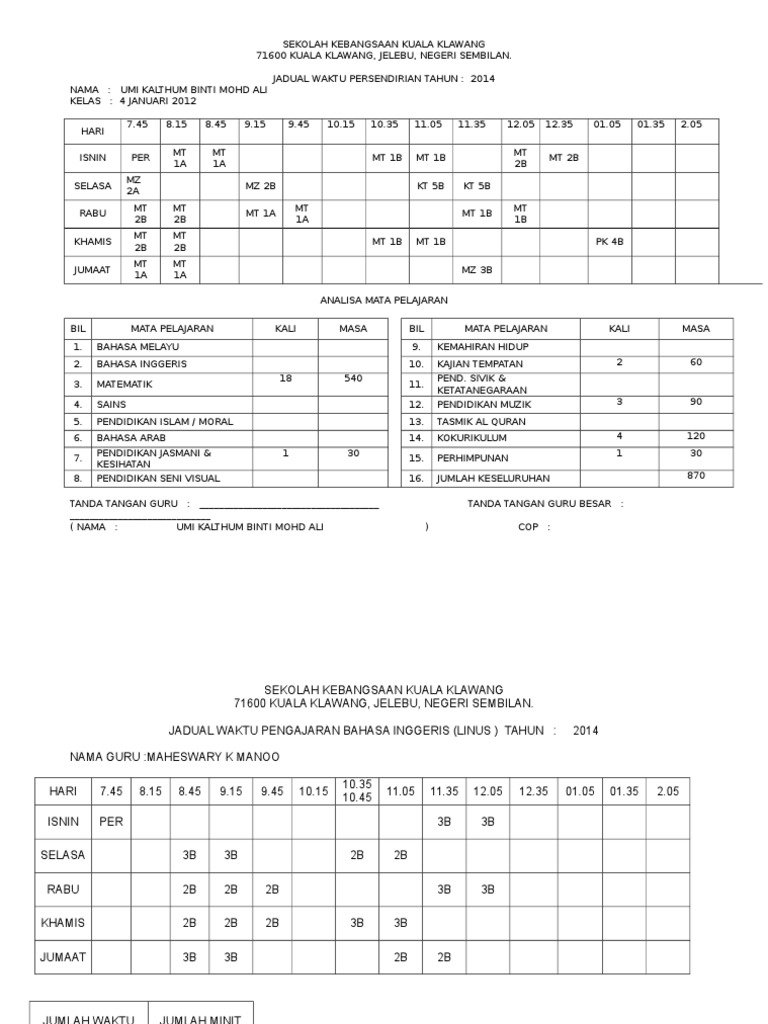 Borang Jadual Waktu Kosong | PDF