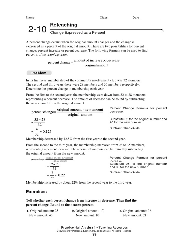 Algebra 2-10 Reteaching | PDF | Percentage | Teaching Mathematics