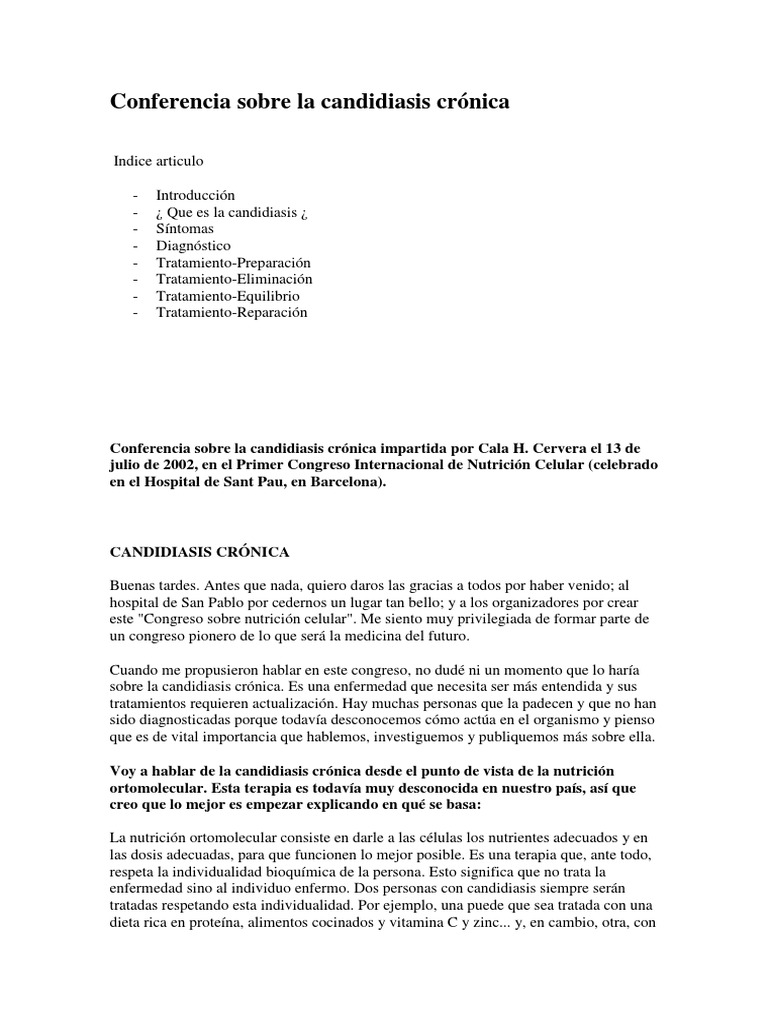 Conferencia Sobre La Candidiasis Cronica. CALA CERVERA | PDF | Candidiasis | Sistema inmune