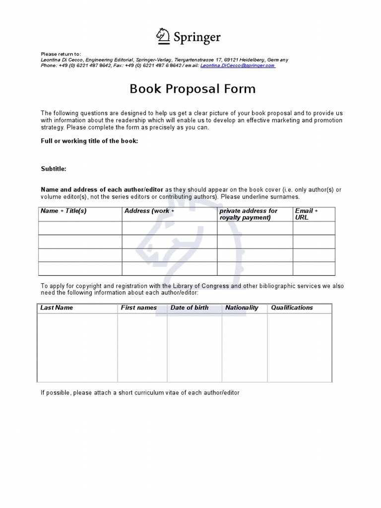 Book Proposal Form: Full or Working Title of The Book | PDF ...