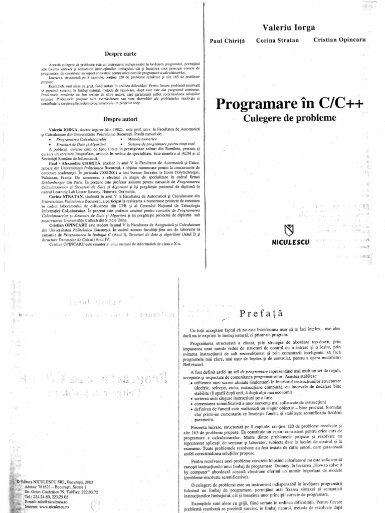 PROGRAMARE IN C - C++ CULEGERE DE PROBLEME (RO) (Valeriu Iorga) (Ed ...