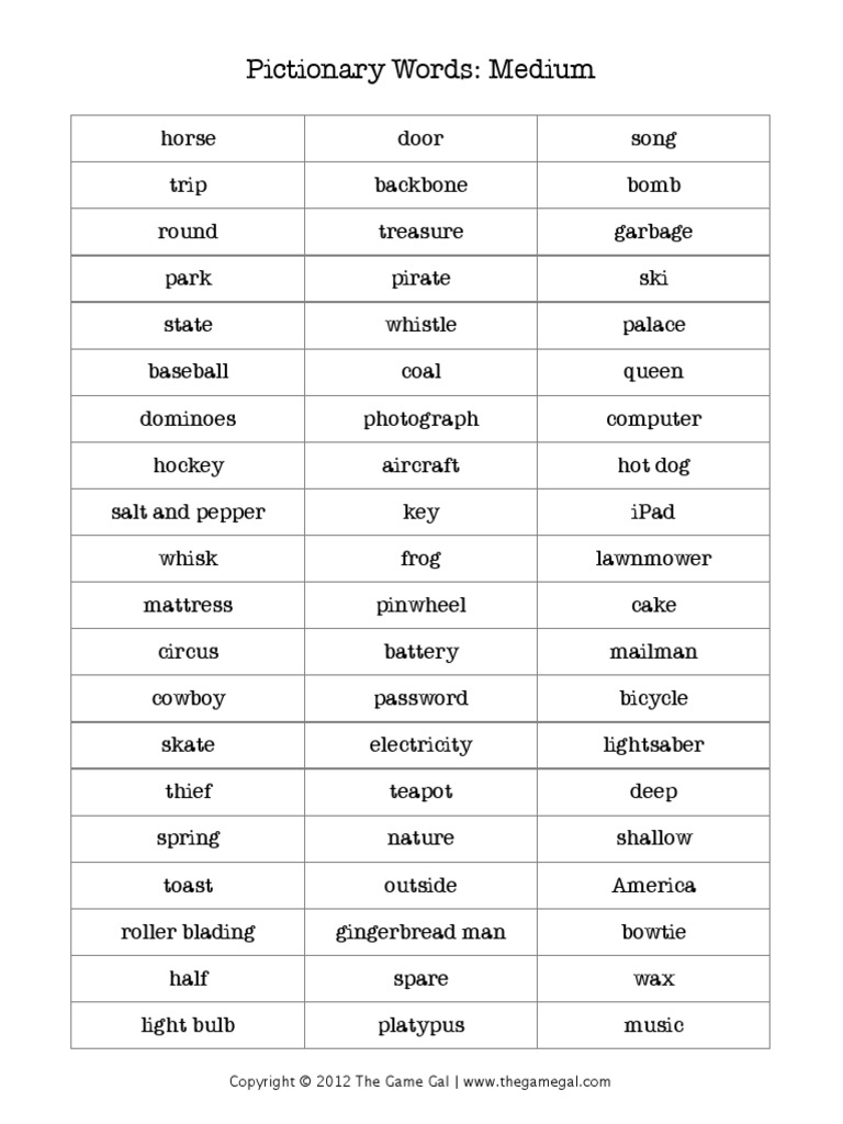 Pictionary Words Medium